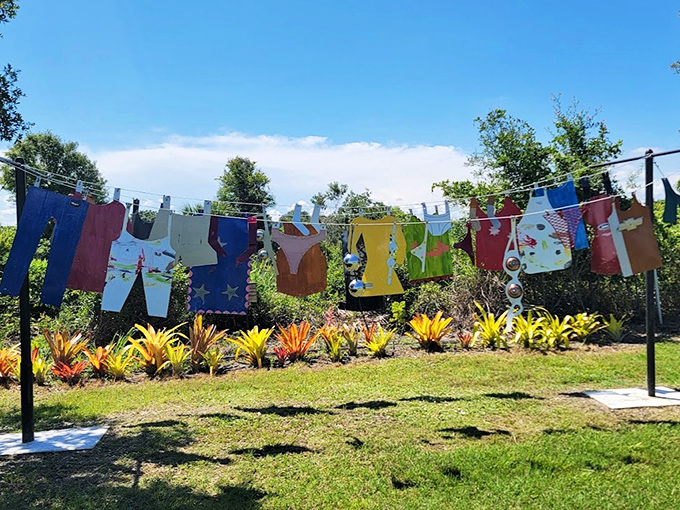 Everyday laundry becomes extraordinary art in this playful installation that adds a splash of domestic whimsy to the gardens.