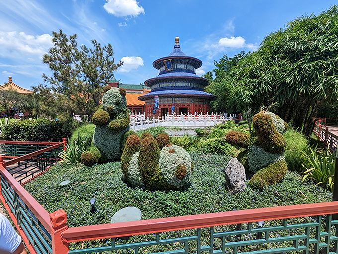 Meticulously shaped topiaries prove that patience and pruning shears can create living art that survives even Florida's humidity.