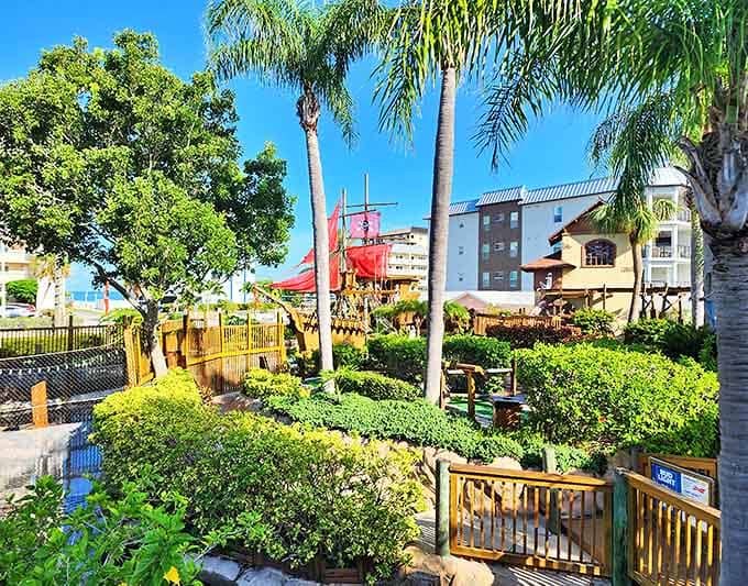 Nature and fantasy blend seamlessly as tropical plants frame the course, creating shaded retreats between the excitement of each challenging hole.