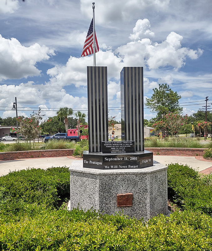 Memorial honors: Two solemn towers stand as a powerful reminder that even in this peaceful corner of Florida, national tragedies are remembered.