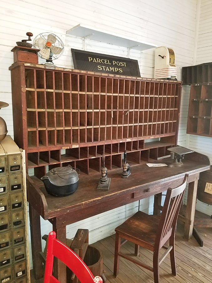 Before text messages, this postal sorting desk with wooden cubbyholes was how communities stayed connected to the outside world.