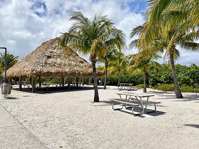 Thatched-roof tiki vibes at this picnic shelter &ndash; where lunch comes with a side of paradise and seagulls provide the entertainment.