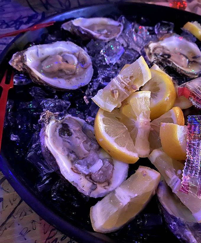 The classic presentation: raw oysters on the half-shell with lemon wedges, simple perfection that lets the ocean's flavor shine through.