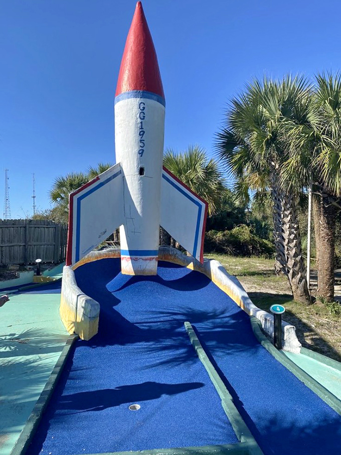 "Houston, we have a putting problem." This retro rocket stands ready to launch your ball into mini-golf orbit.