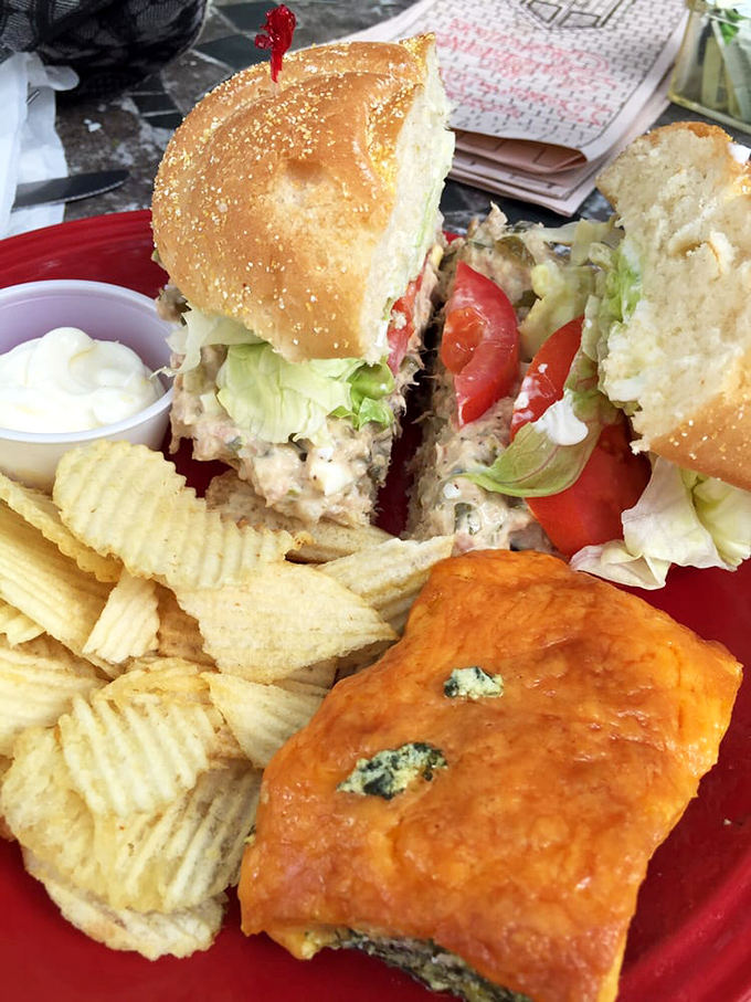 A sandwich that requires both hands and possibly a strategy session, accompanied by perfectly crisp chips and what appears to be a savory pastry.