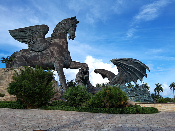 Side Angle: From this vantage point, Pegasus seems ready to leap from its pedestal and gallop across the Florida sky.