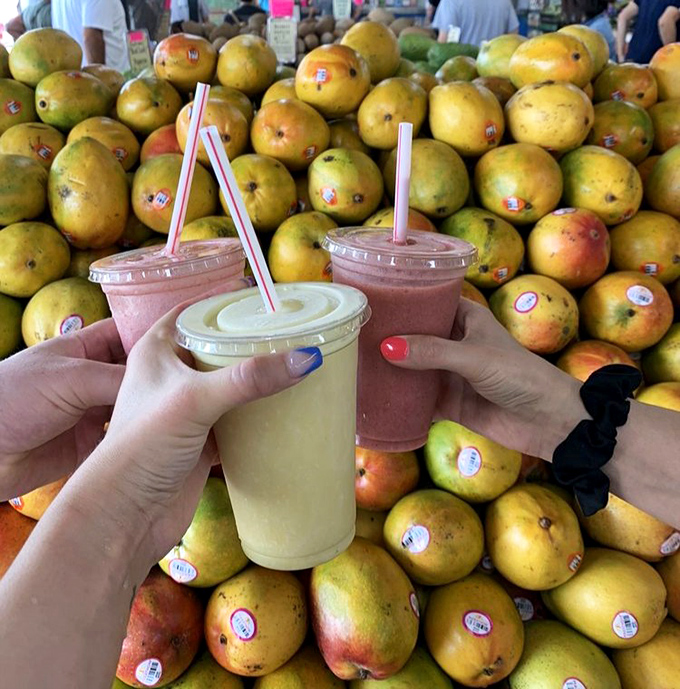 Three friends toast with vibrant fruit smoothies against a backdrop of golden mangoes &ndash; a perfect Florida moment captured.