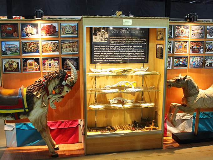 The Wood Carvers exhibit showcases the incredible artistry behind carousel figures, where craftsmen transformed blocks of wood into magical creatures.
