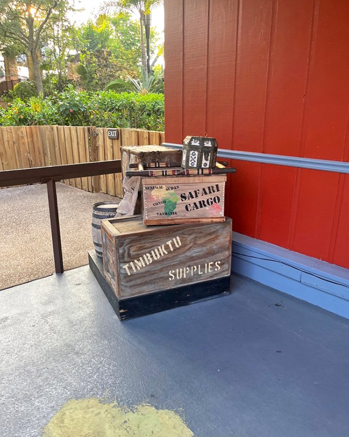 Safari-themed props add authentic touches to the experience – because nothing says "adventure" like wooden crates labeled "Timbuktu Supplies."