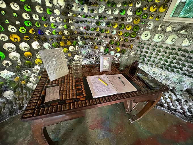A rustic table holds the visitor log, surrounded by walls that tell thousands of stories through the bottles that once held everything from medicine to moonshine.