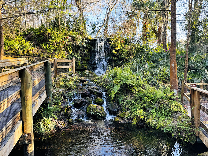This cascading waterfall creates a peaceful focal point in the gardens, providing the soothing sound of flowing water that's basically nature's white noise machine, except prettier and free.