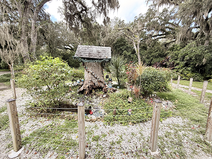 This gnome appears to be contemplating life from his tree stump perch, probably thinking deep thoughts about garden maintenance and the proper way to wear a pointy hat.