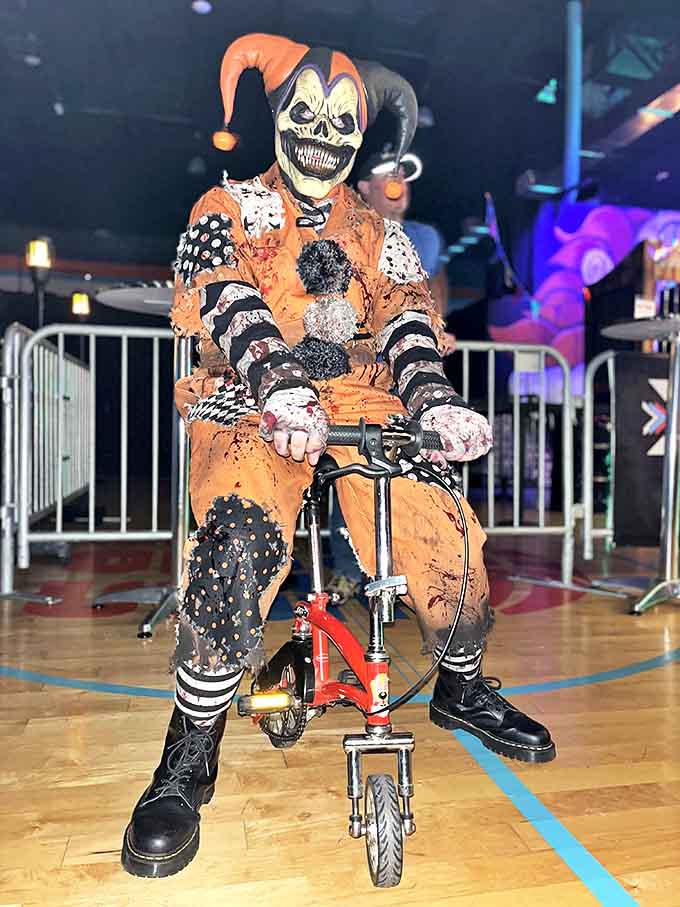 Even transportation is terrifying at Nightmare Village. This demented jester on wheels proves nowhere is safe from the circus of horrors.