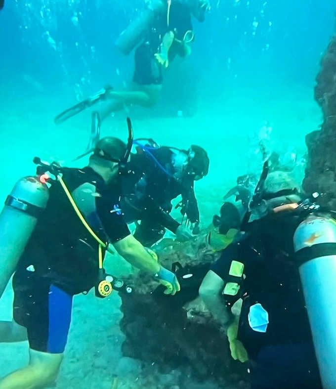Careful hands tend to the reef's structures, ensuring this underwater city remains both a memorial and thriving marine habitat.