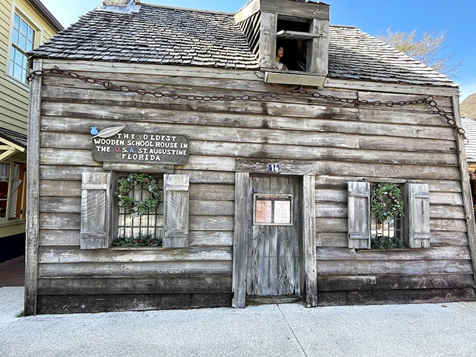 Another view of the schoolhouse exterior reveals the remarkable craftsmanship that's allowed this wooden structure to survive centuries of Florida weather.