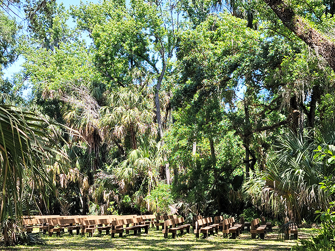 This woodland gathering space looks like something from a fairy tale – wooden benches waiting for visitors to pause and breathe.