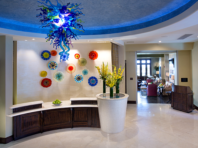 The lobby's artistic flair makes even waiting for your room key feel like a gallery experience worth savoring.