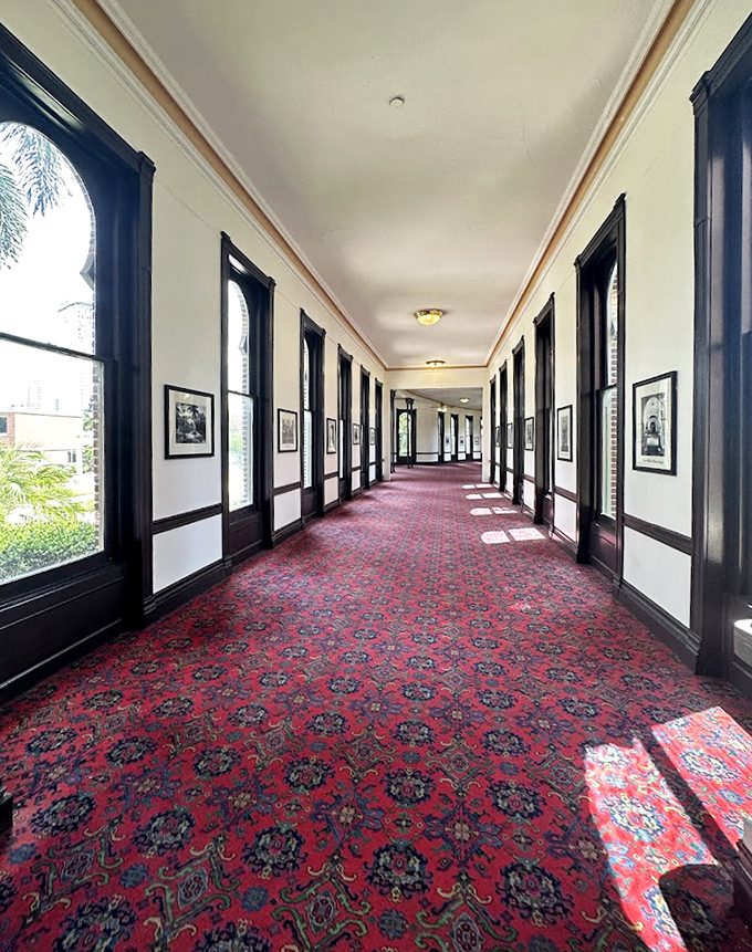 Sunlight dapples through the museum's covered veranda, where intricate ironwork creates patterns of light and shadow on the brick exterior.