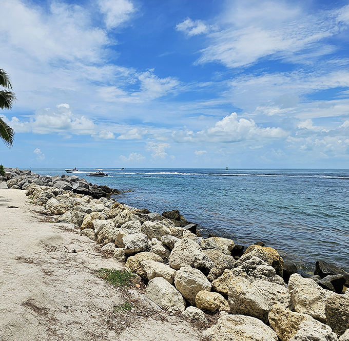Nature's breakwater of limestone rocks creates calm swimming areas while providing homes for colorful marine creatures just below the surface.