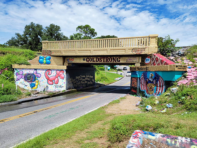 The bridge spans peaceful waters, its vibrant reflection doubling the visual impact of this community canvas.