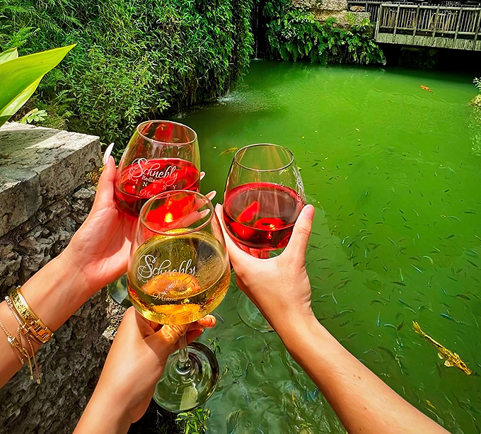 Cheers to discovery! Friends toast with Schnebly's vibrant wines against the backdrop of their emerald lagoon.