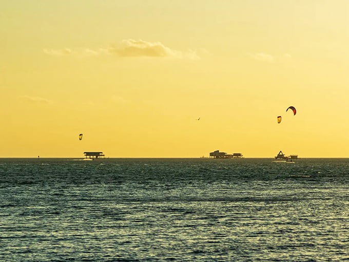 Twilight transforms Stiltsville into a dreamscape of silhouettes, where houses appear to float between sea and sky.