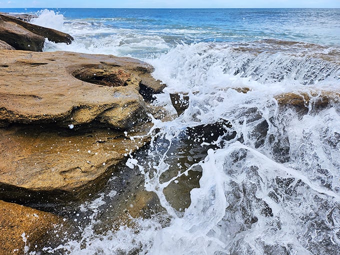The eternal dance between water and stone creates nature's most hypnotic show, with waves crashing against ancient coquina rocks in foamy celebration.
