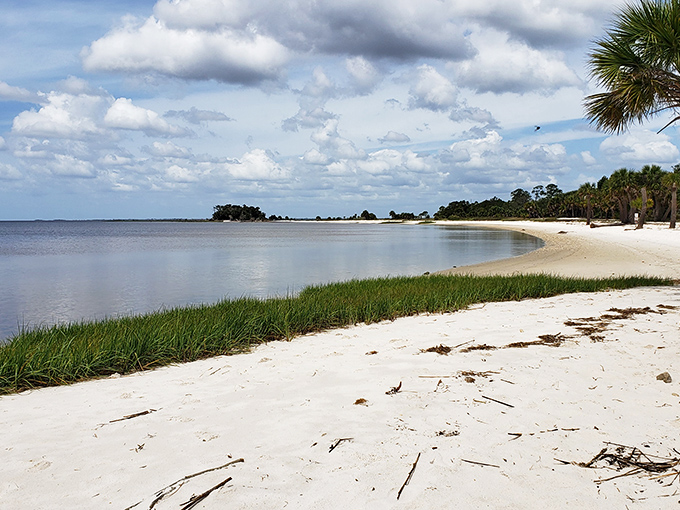 The curved shoreline embraces gentle Gulf waters, creating a natural harbor where time slows and worries dissolve like footprints at high tide.