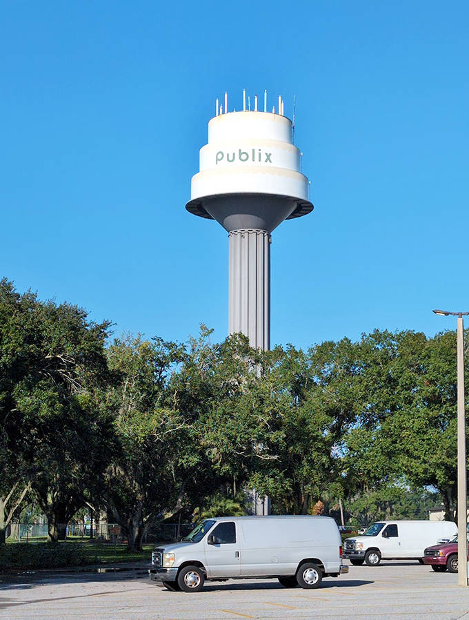Even from the parking lot, the cake tower commands attention, making ordinary errands feel like an adventure in architectural whimsy.