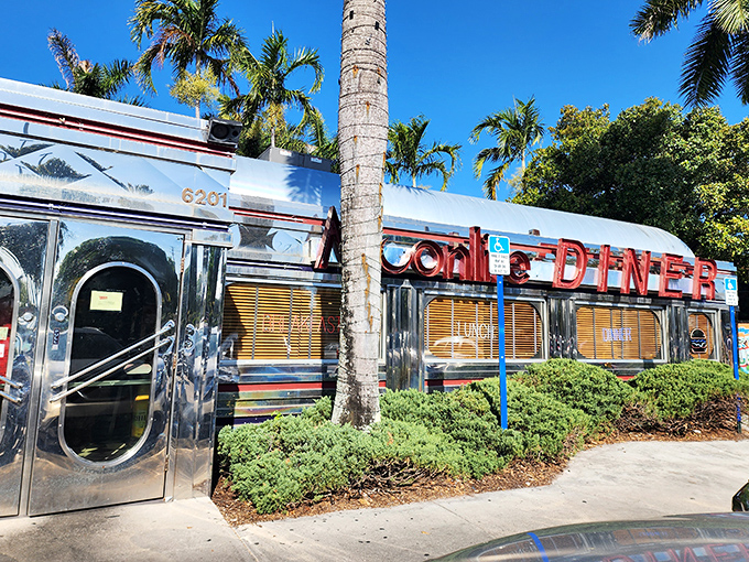 Moonlite Diner's gleaming stainless steel exterior shines against palm trees, the perfect marriage of 1960s style and Florida charm.