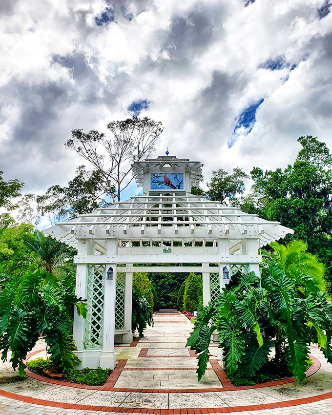 A charming white gazebo stands as a focal point among lush tropical plants at Harry P. Leu Gardens.