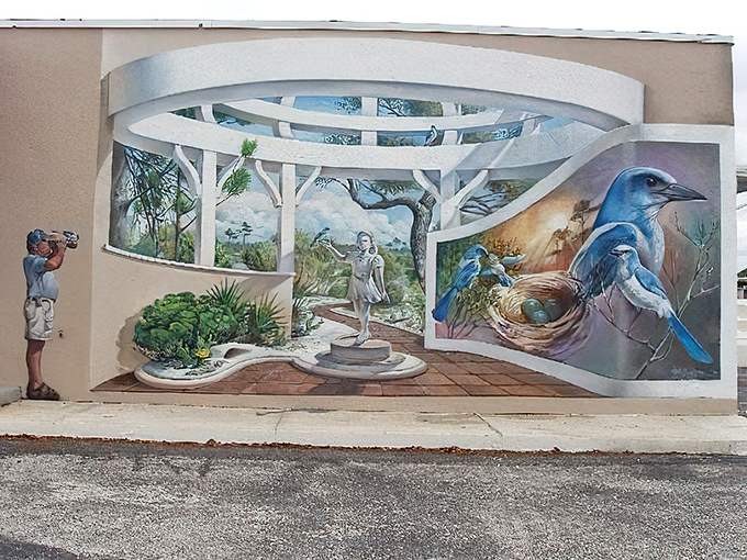 A Scrub Jay's World Mural Nature's delicate balance portrayed through an artist's eye, where endangered birds find sanctuary in both habitat and art.