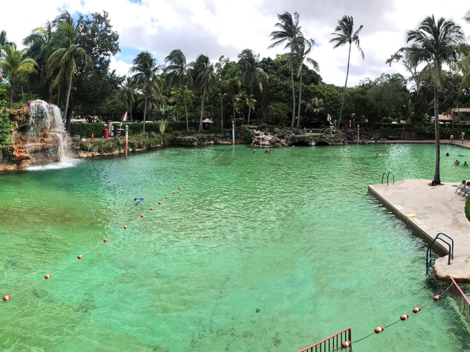 From above, the Venetian Pool reveals its true scale and grandeur, a massive aquatic oasis carved from what was once a working coral quarry.