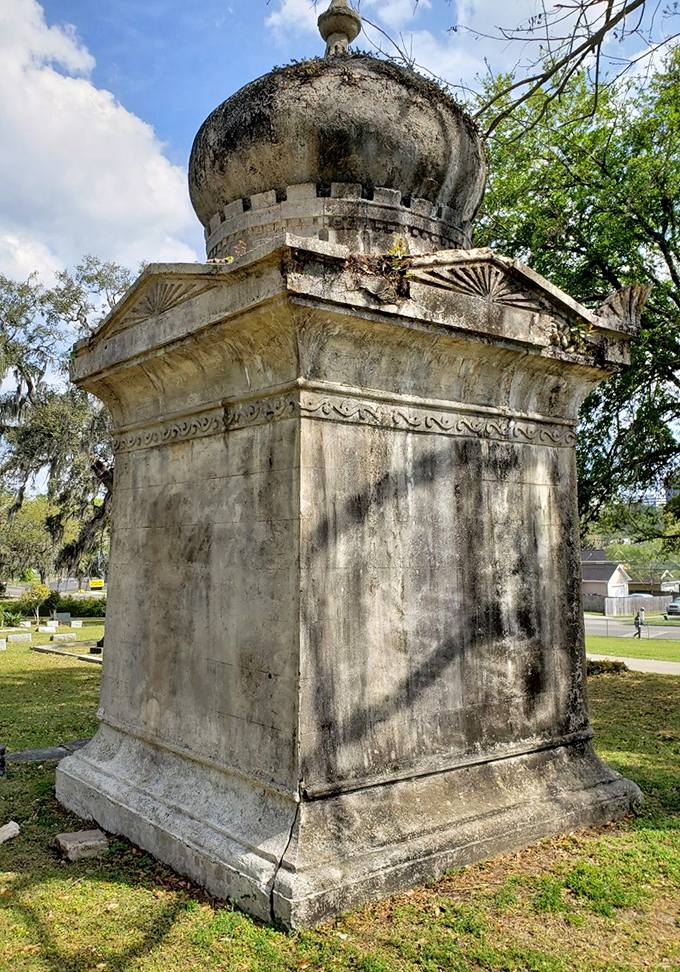 Weathered by countless storms, the mausoleum's intricate stonework reveals the craftsmanship of an era when buildings were created to outlast their creators.