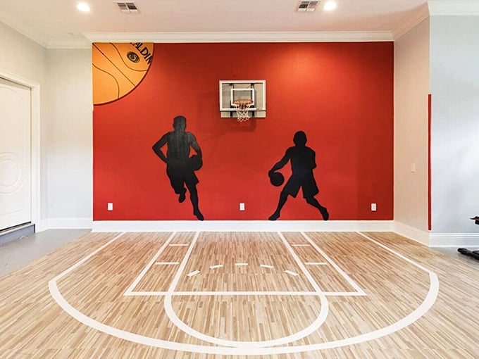 Swish! The indoor basketball court proves even castle-dwellers need to work up a sweat between royal adventures and poolside lounging.