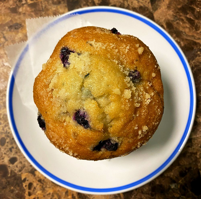 This blueberry muffin with its crunchy sugar top hides pockets of juicy berries that burst with flavor in every bite.
