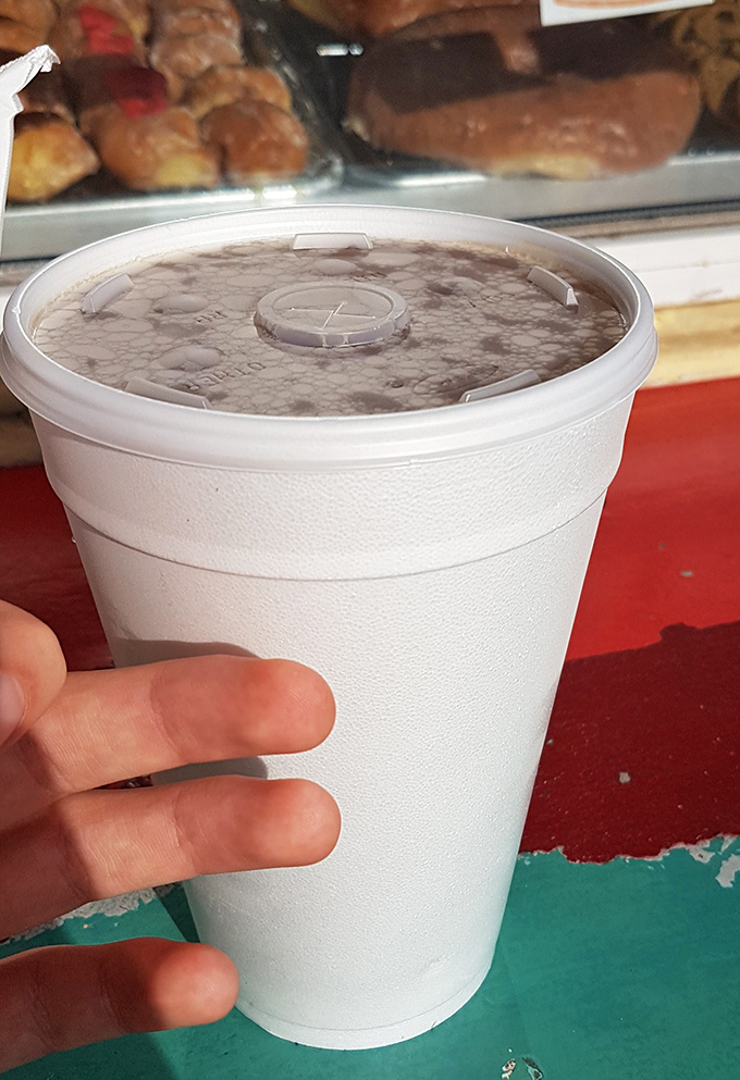 Coffee served in an unpretentious styrofoam cup &ndash; because when the brew is this good, it doesn't need fancy ceramic to make its point.