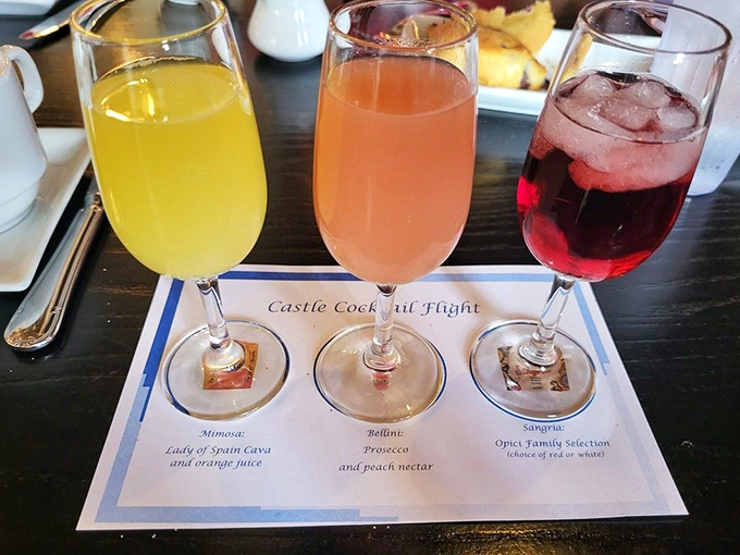 The Castle Cocktail Flight offers a trio of royal refreshments, each more colorful than the last – liquid courage for meeting princesses!