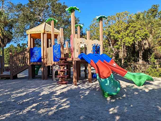 This playground brings joy in primary colors, where kids can climb, slide, and swing surrounded by nature instead of strip malls.