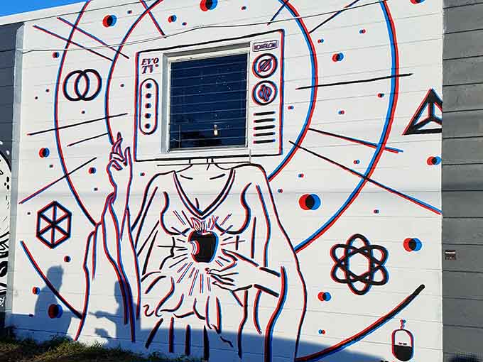 Even the smaller murals pack visual punch, with geometric designs and symbolism that make you stop and stare, possibly while blocking foot traffic.