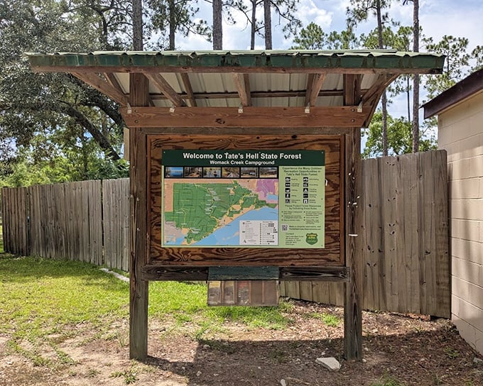 This rustic information board holds the secrets to Womack Creek's treasures &ndash; consider it your wilderness decoder ring.