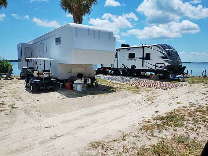 RV camping puts you right on the water's edge, because why sleep far from paradise when you can wake up to this view?