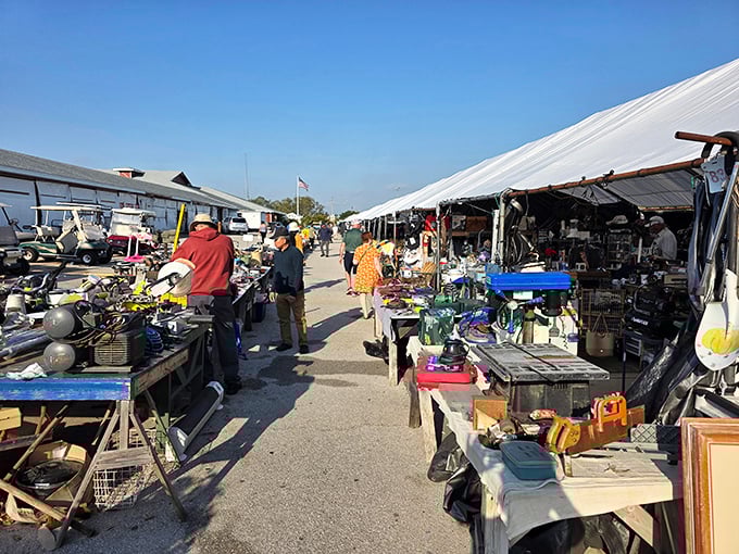 Outdoor vendors display their wares under the open sky, where larger treasures await discovery.