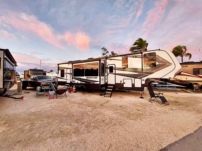 Your RV setup at sunset looks like a retirement commercial, except this is your actual life and not some actor's pretend vacation.