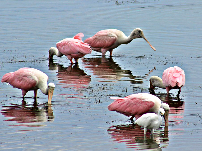 Roseate spoonbills perform their graceful feeding ballet in shallow waters &ndash; Florida's version of flamingos, but with even more personality.