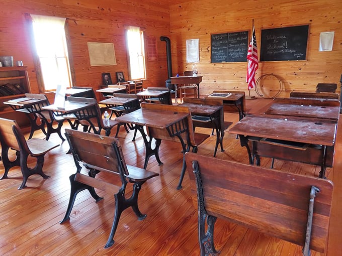Lessons from the past:Wooden desks with iron frames fill this authentic one-room schoolhouse, where generations of Florida children learned their three Rs.