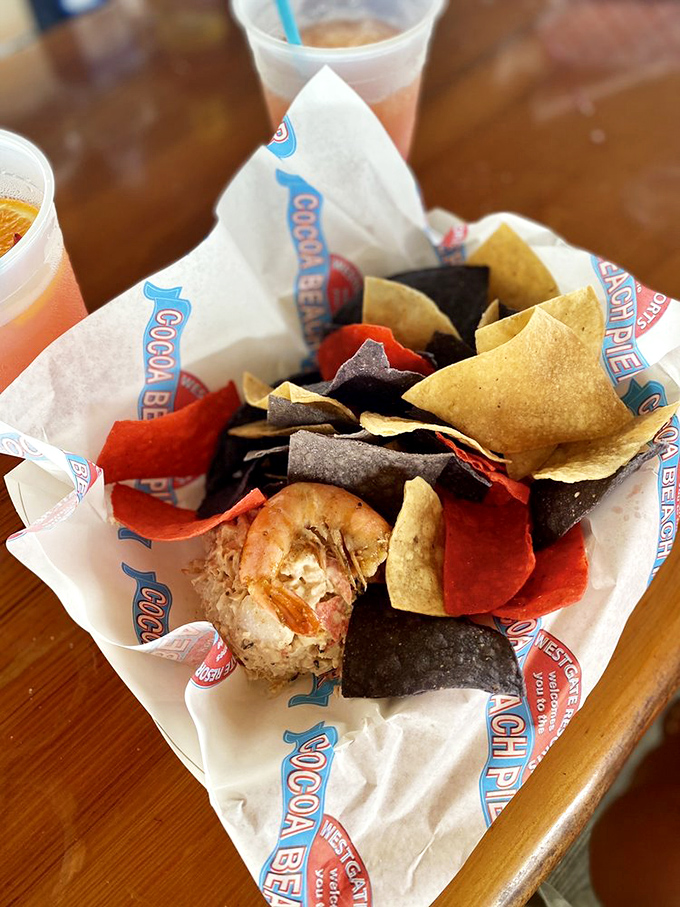 Colorful tortilla chips surround a single perfect shrimp, standing guard over what promises to be a creamy seafood dip worth fighting over.
