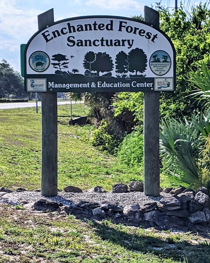 The Enchanted Forest Sanctuary sign welcomes nature lovers to Brevard County's ecological treasure chest &ndash; no admission fee required.