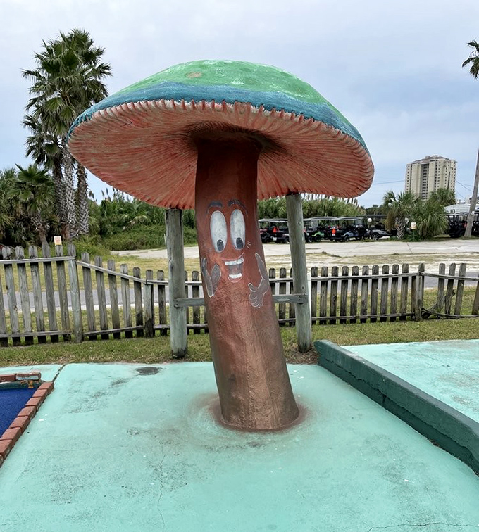 This cheerful mushroom has witnessed decades of family fun, its perpetual smile hiding secrets of countless missed putts.