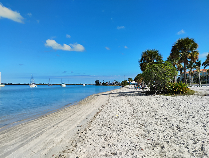 Palm trees stand sentinel over tranquil waters where boats bob like corks in nature's bathtub.